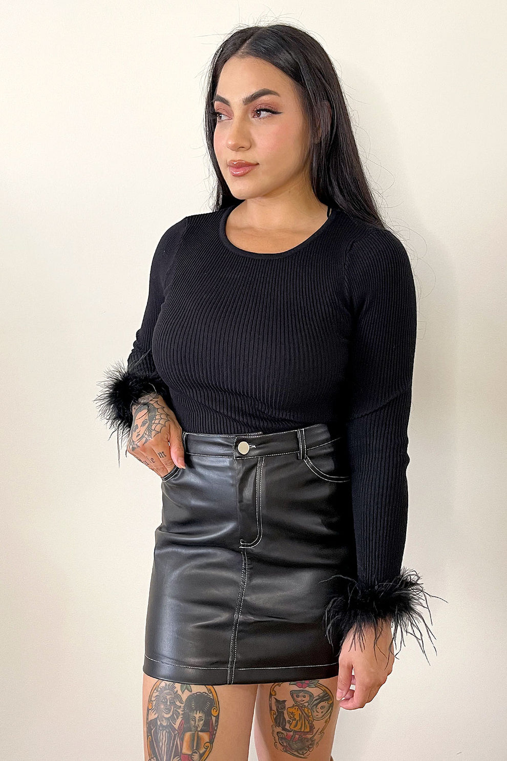 INES FEATHER TRIM SWEATER TOP – BLACK + MOON