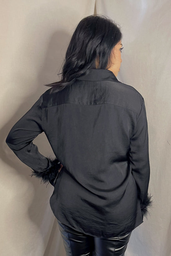 KIMBERLY FEATHER BUTTON DOWN SATIN SHIRT – BLACK + MOON