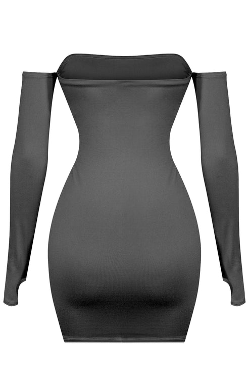 YVETTE LONG SLEEVE OFF SHOULDER MINI DRESS – BLACK + MOON