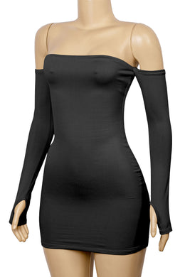YVETTE LONG SLEEVE OFF SHOULDER MINI DRESS – BLACK + MOON